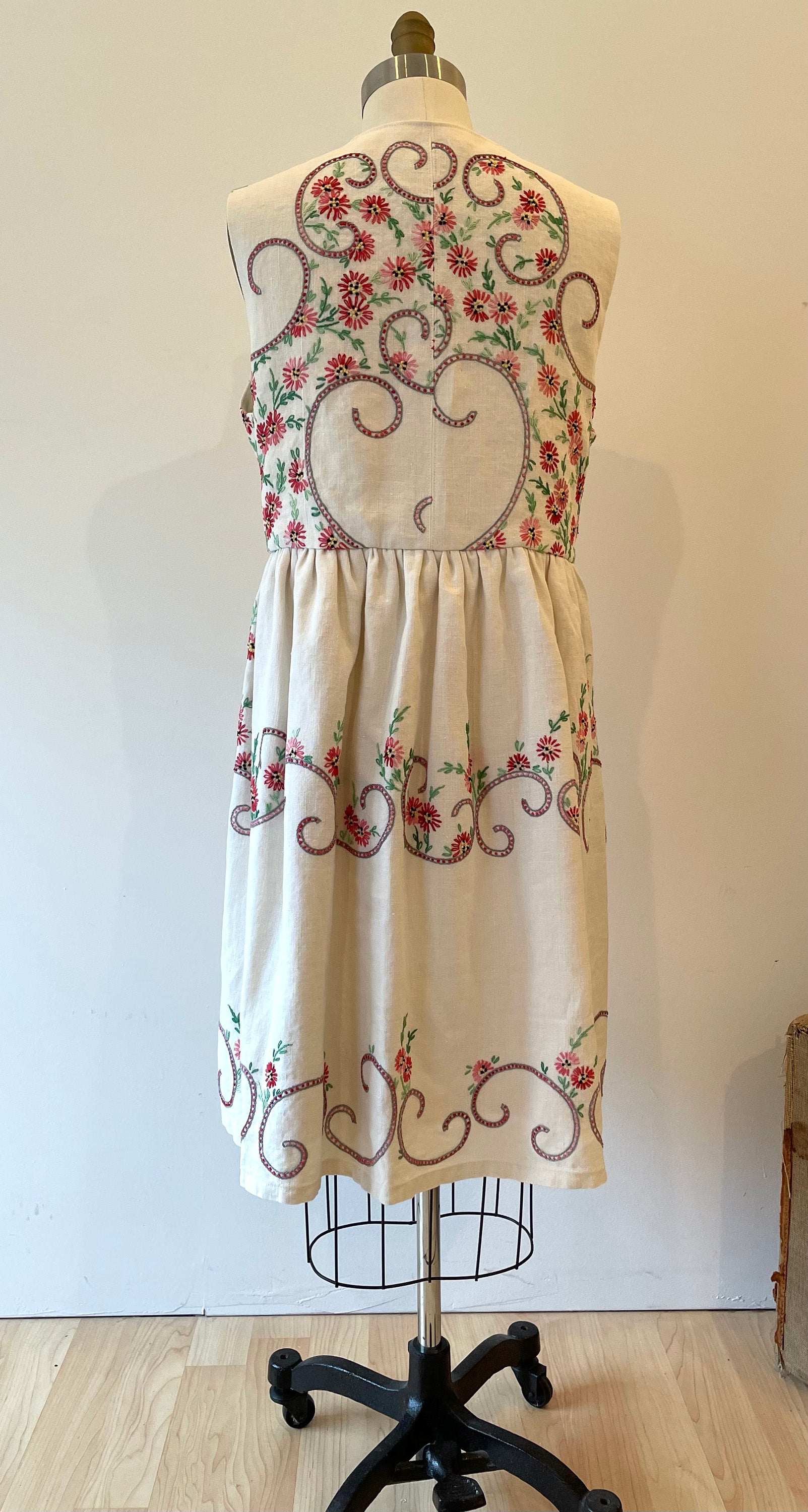 Vintage Linen Tablecloth Dress ~ Embroidered w/ Coral & Poppy Red Flow ...
